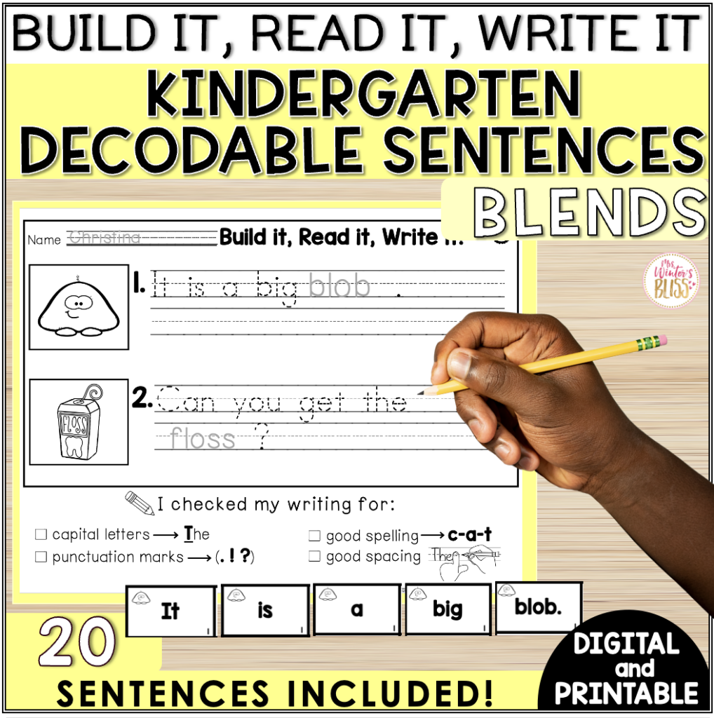 Kindergarten Decodable Blends Sentence Building Activities - Lead in ...