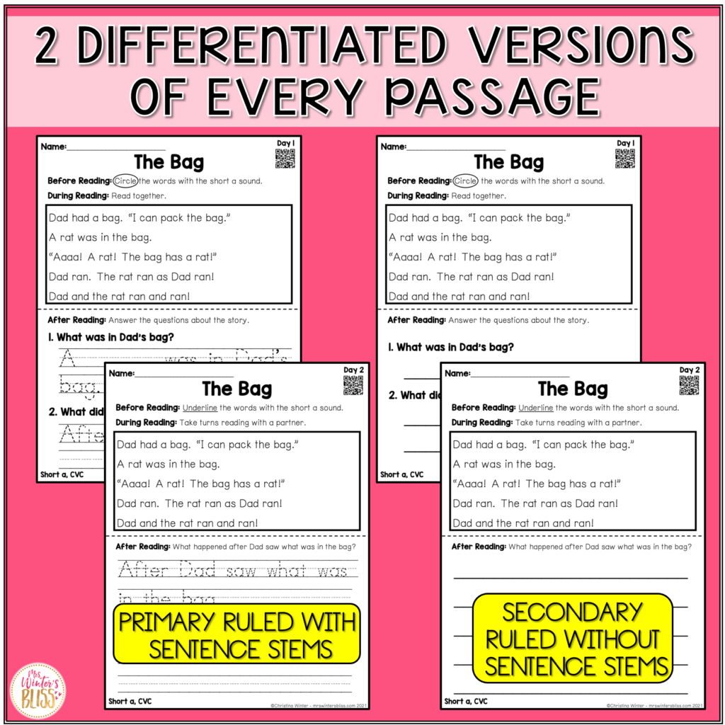 Decodable Passages with Comprehension Questions - short vowel CVC ...