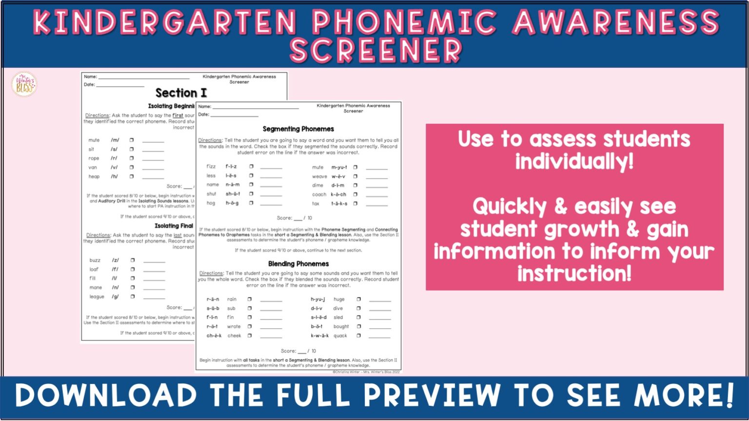 Kindergarten, 1st Grade, 2nd Grade Phonics Screeners - Spelling Reading ...