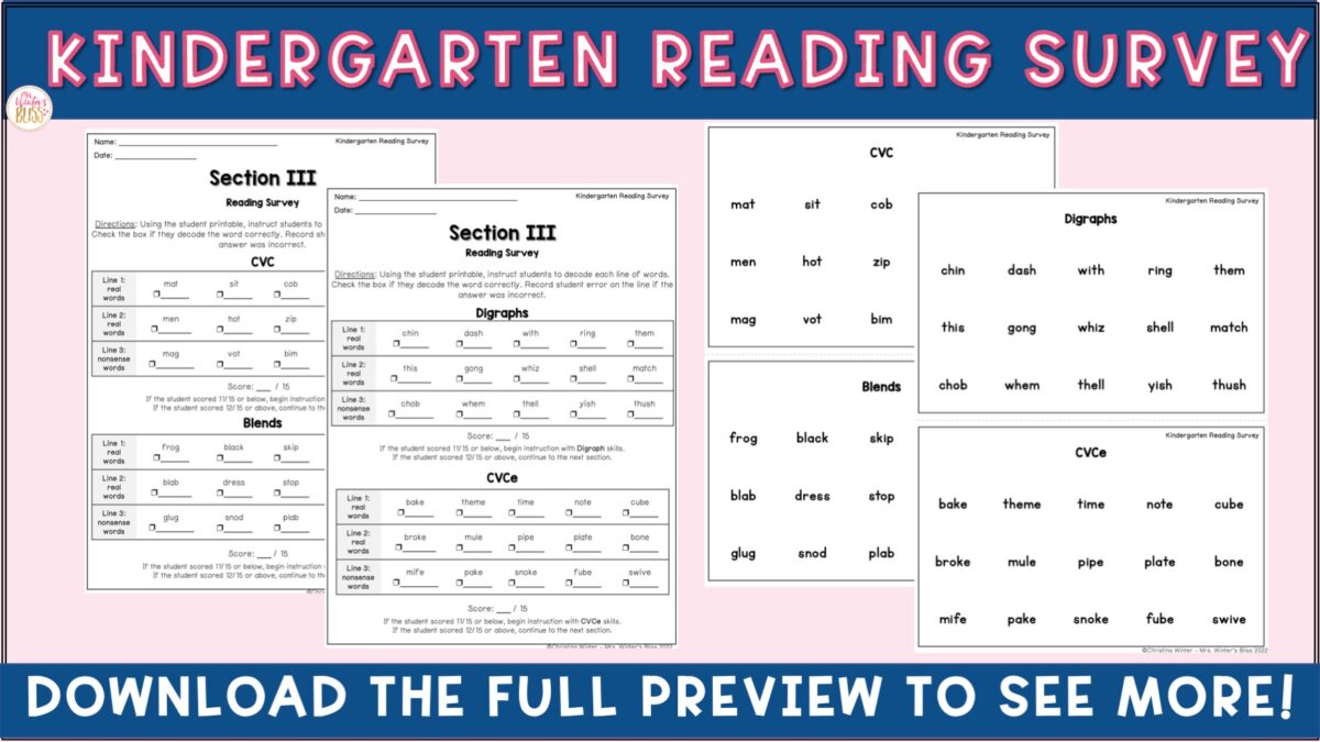Kindergarten, 1st Grade, 2nd Grade Phonics Screeners - Spelling Reading ...